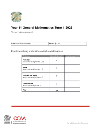 General Mathematics - Grade: 11 - Queensland Certificate of Education ...