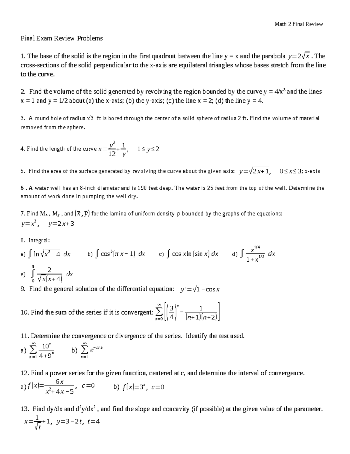 Math 2 Final Exam Review: Volume, Area, and Series Problems - Studocu
