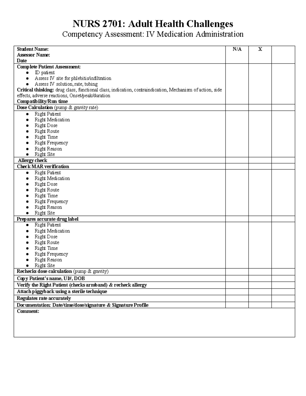 NURS 2701: Competency Assessment for IV Medication Administration - Studocu
