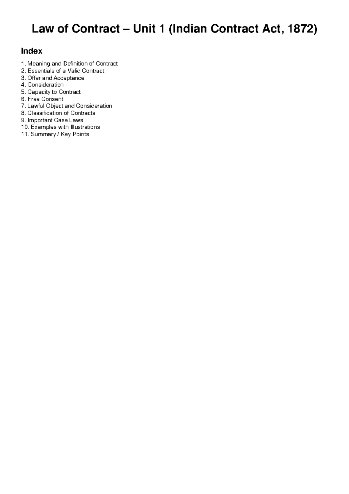 Law of Contract Unit 1: Detailed Overview of Indian Contract Act, 1872 ...