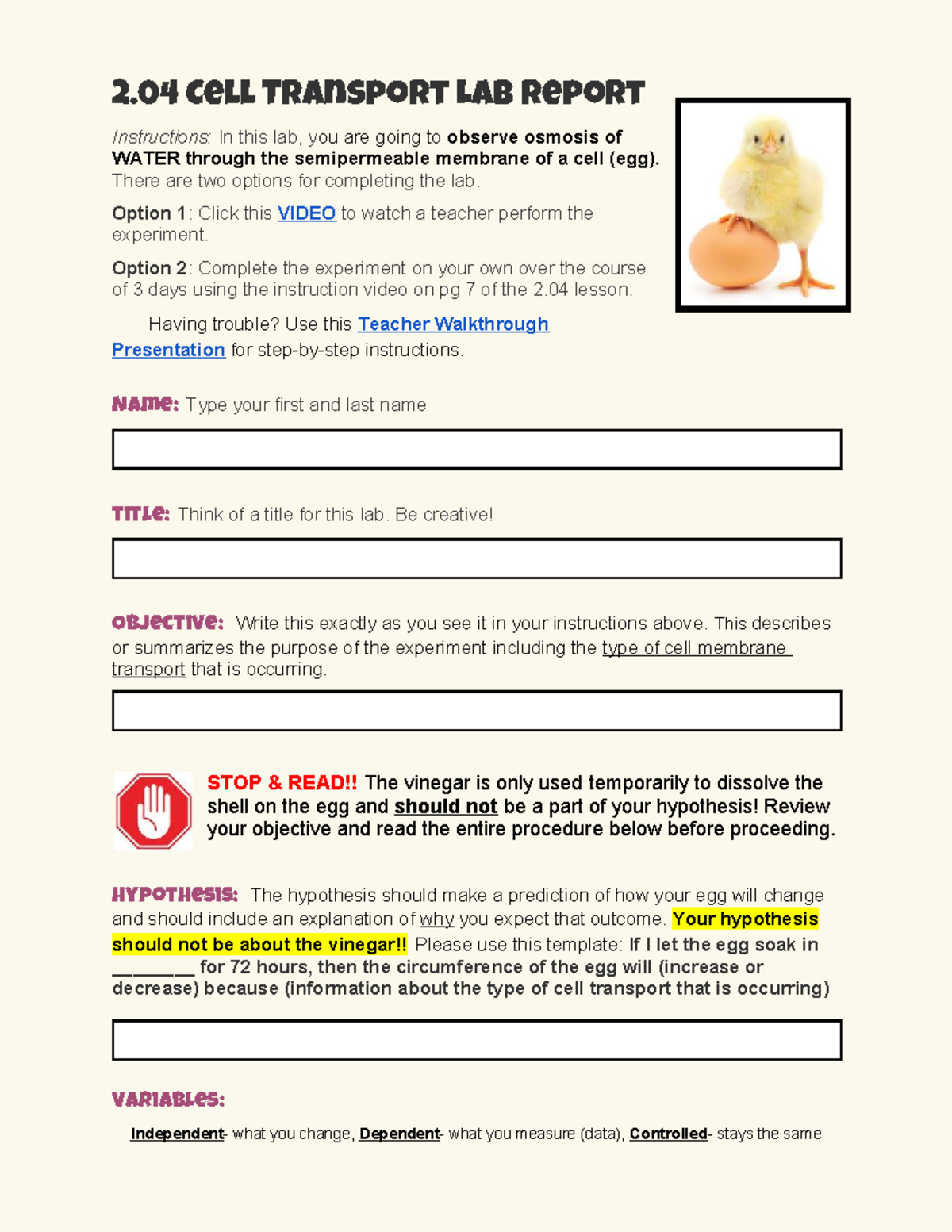 2.04 Cell Transport Lab Report: Osmosis Experiment Instructions - Studocu