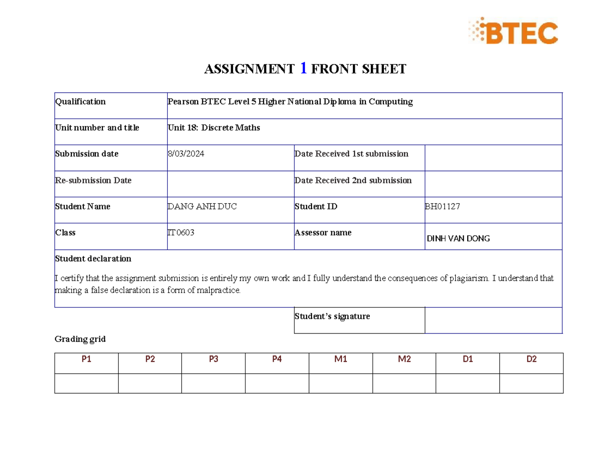 1ST ASM1 Ducda BH01127 Discrete Math Assignment Submission - Studocu