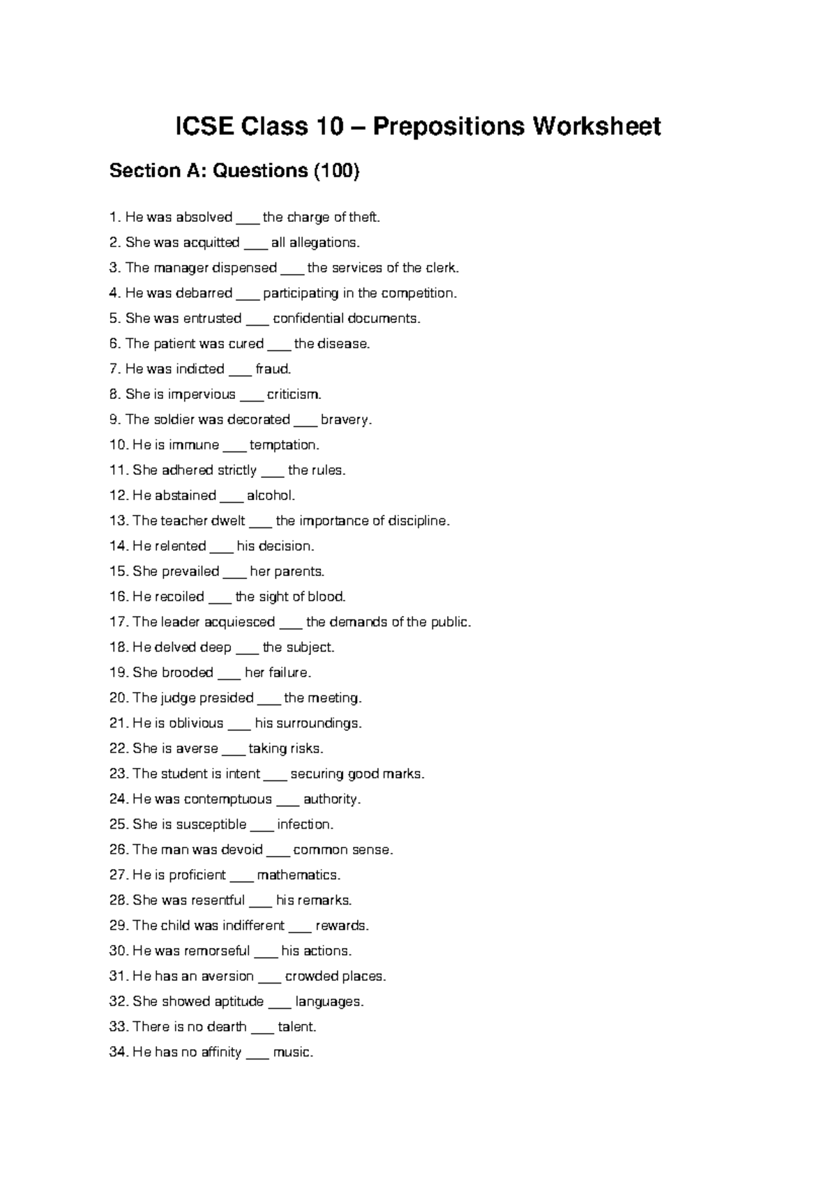 ICSE Class 10 Prepositions Worksheet: 100 Qs & Answer Key - Studocu
