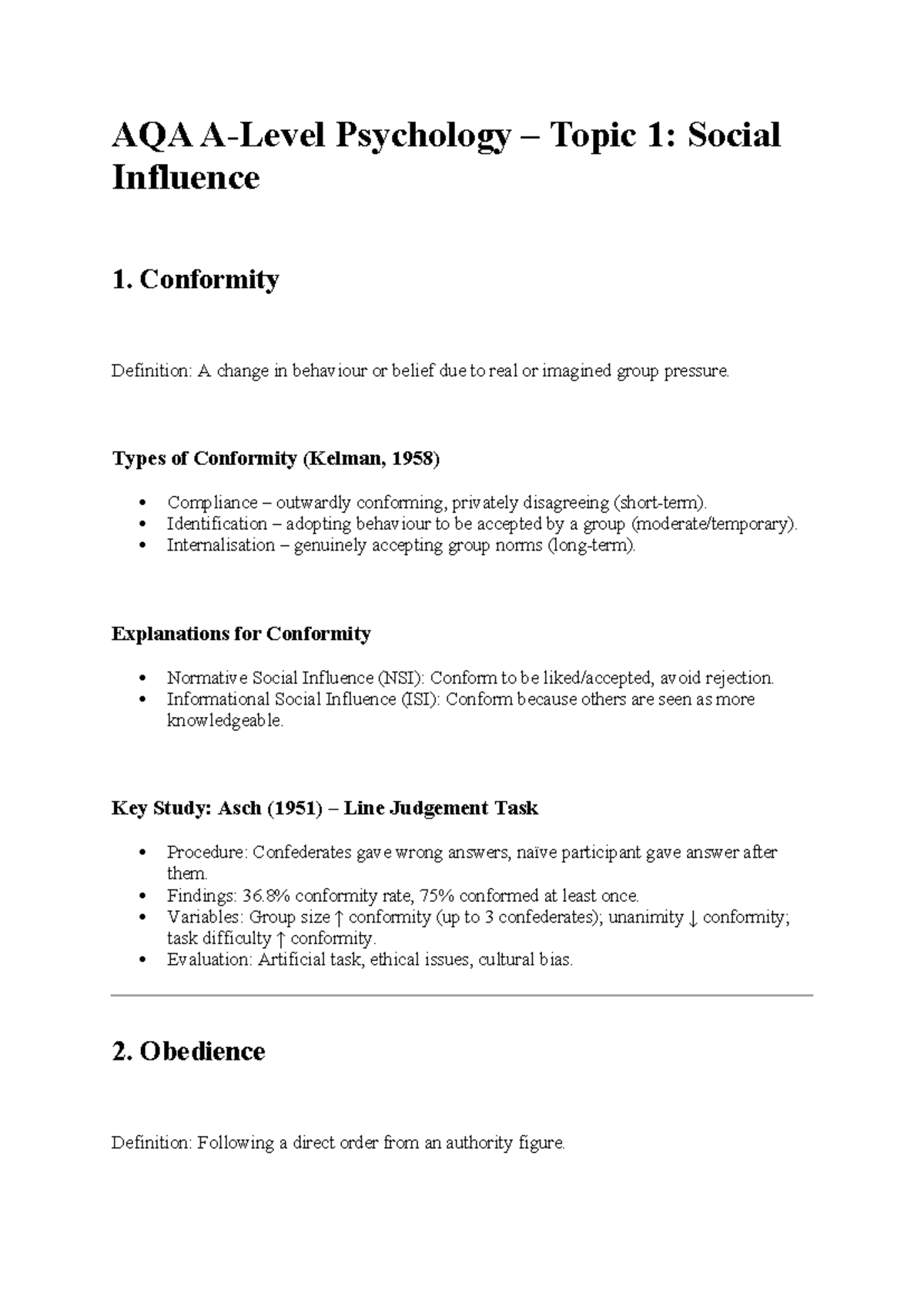 AQA Psychology Topic 1: Social Influence and Conformity Insights - Studocu