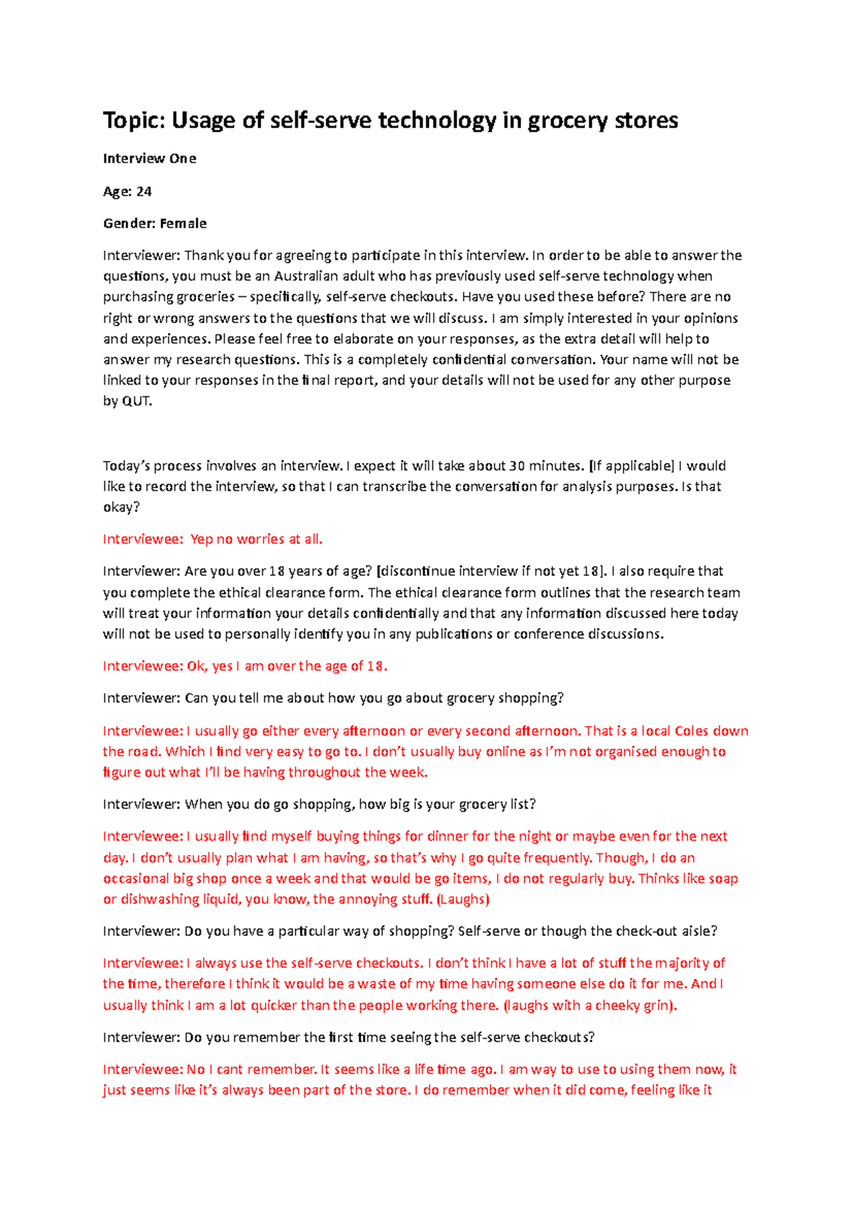 Interview 1 - Topic: Usage of self-serve technology in grocery stores ...