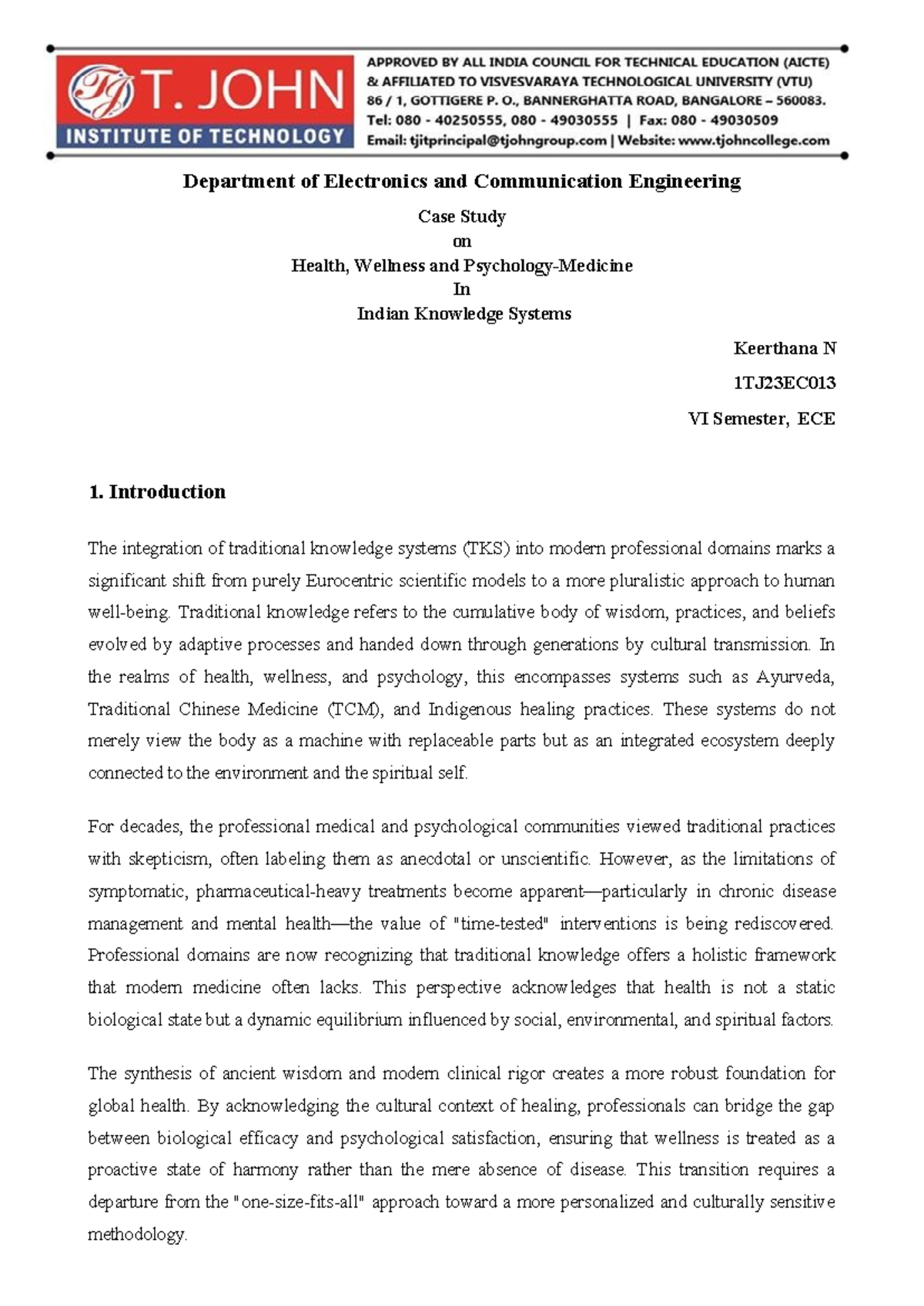 Case Study on Health & Wellness in Indian Knowledge Systems (ECE 1 ...