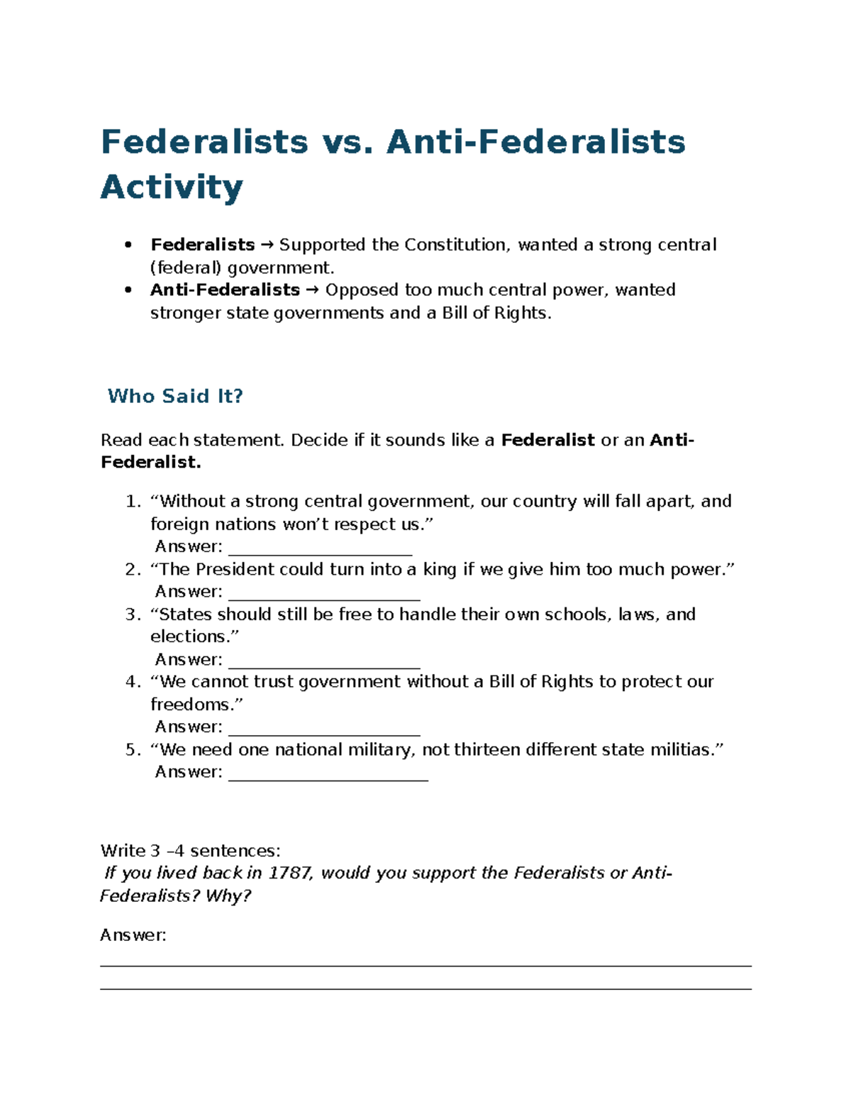 Federalists vs. Anti-Federalists: Key Concepts and Perspectives - Studocu