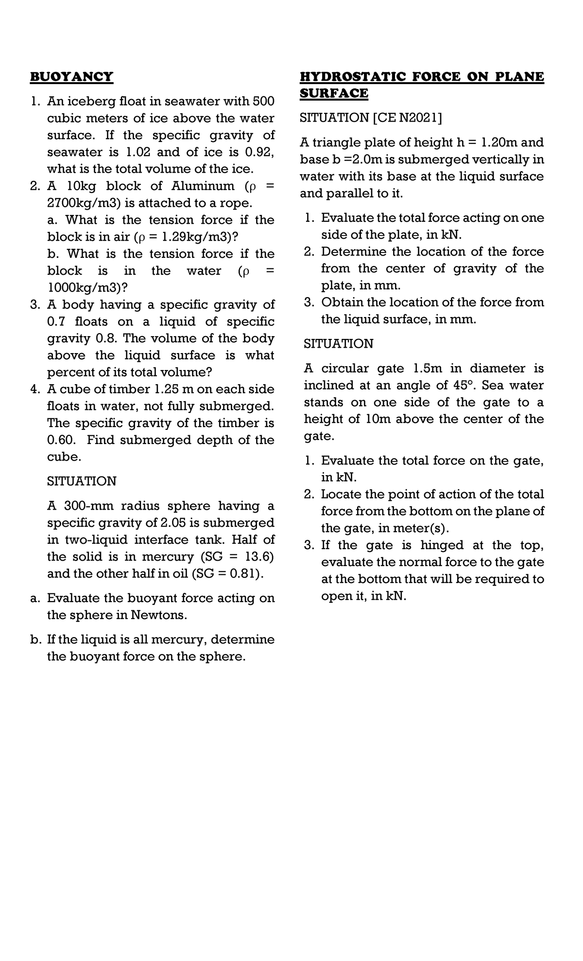 Buoyancy and Hydrostatic Forces: CE N2021 Study Guide - Studocu
