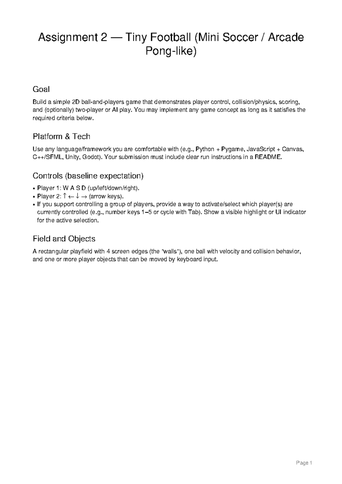 Assignment 2: Tiny Football Game Development Guidelines - Studocu