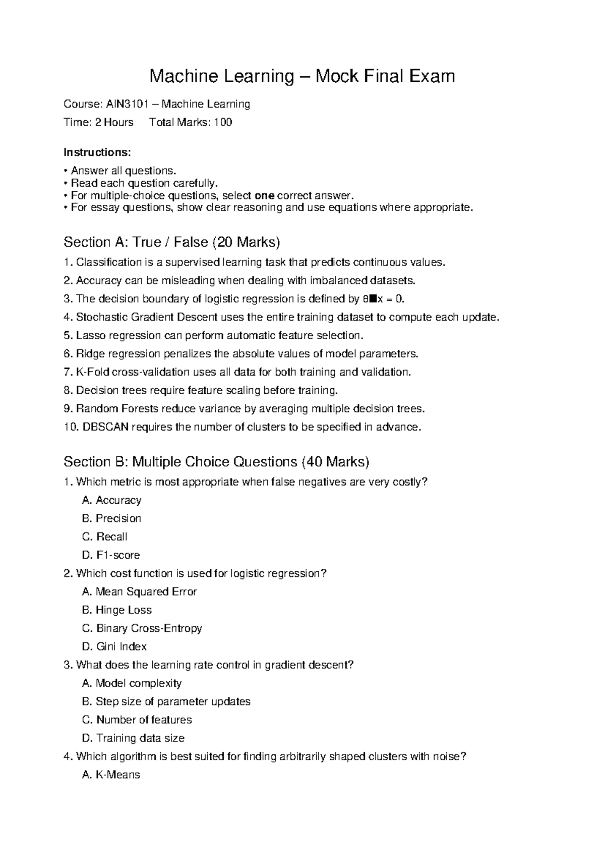 AIN3101 Machine Learning Mock Final Exam Review Notes - Studocu