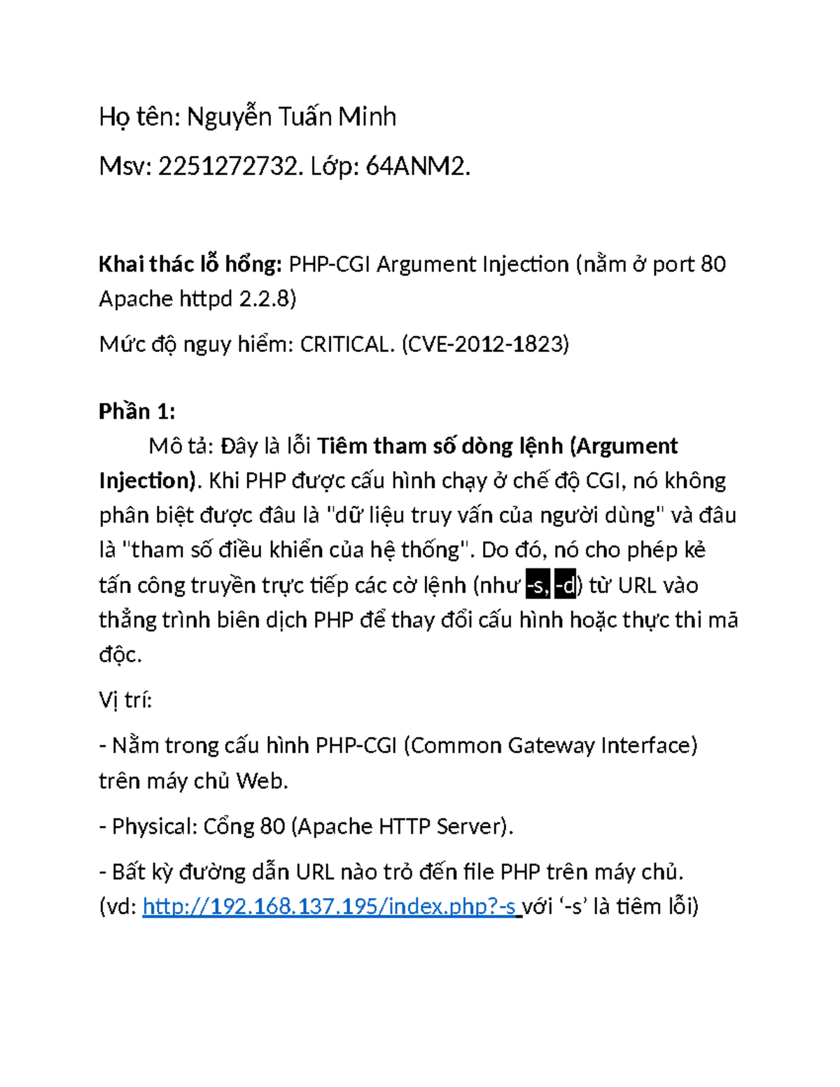 Khai thác lỗ hổng Argument Injection - BTHB3 Final Exam Notes - Studocu