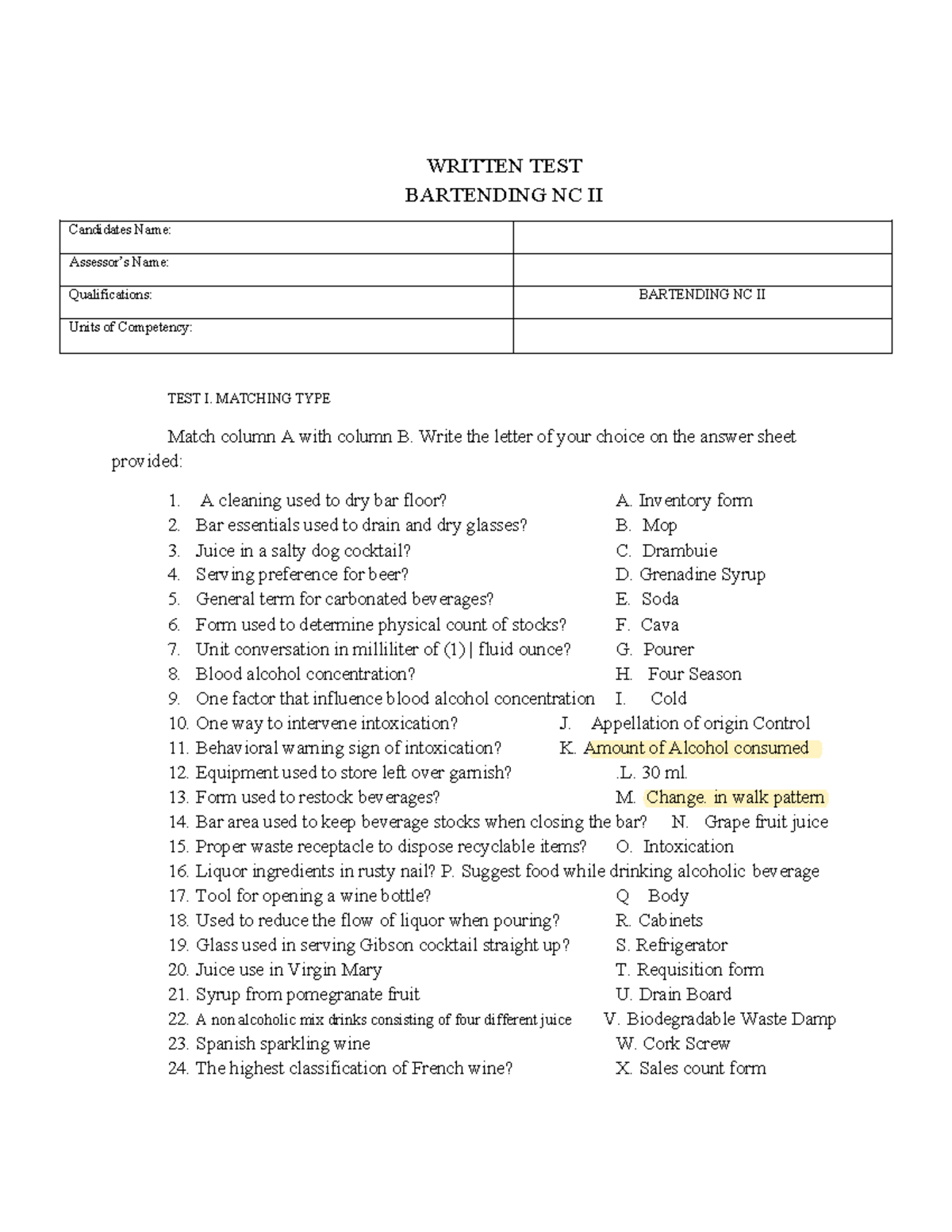 Bartending NC II Written Test Preparation Guide - Studocu