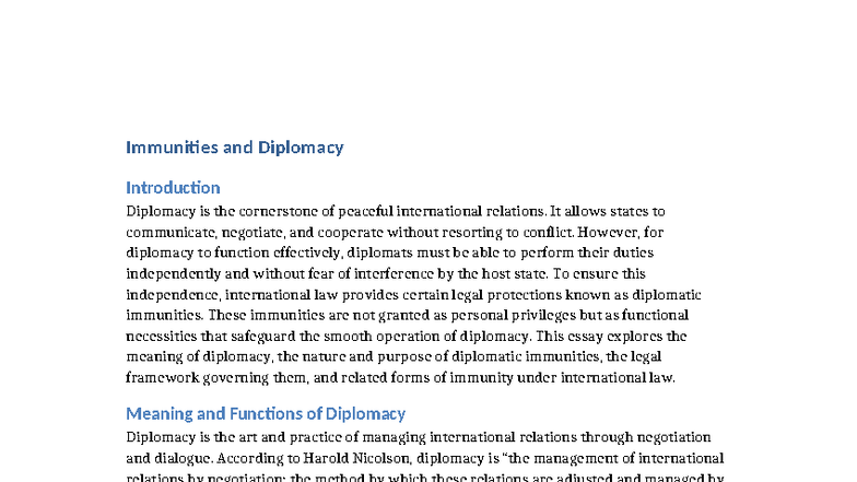 Immunities and Diplomacy: An In-Depth Essay on VCDR Principles - Studocu