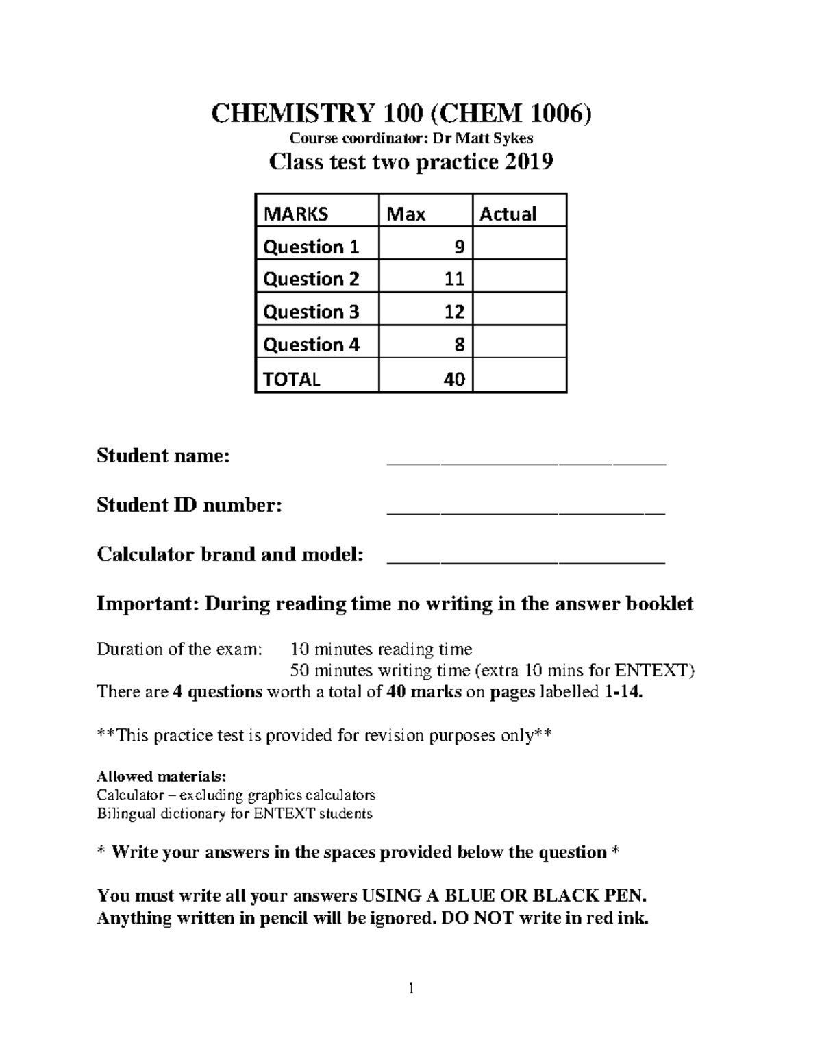 CHEM 1006 Class Test 2 Practice Questions and Solutions 2019 - Studocu