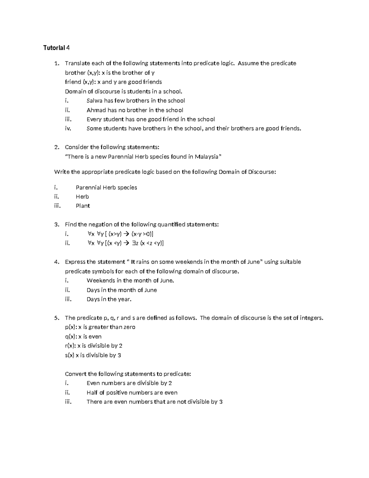 Tutorial 4 - Predicate Logic for Discrete Structures - Studocu