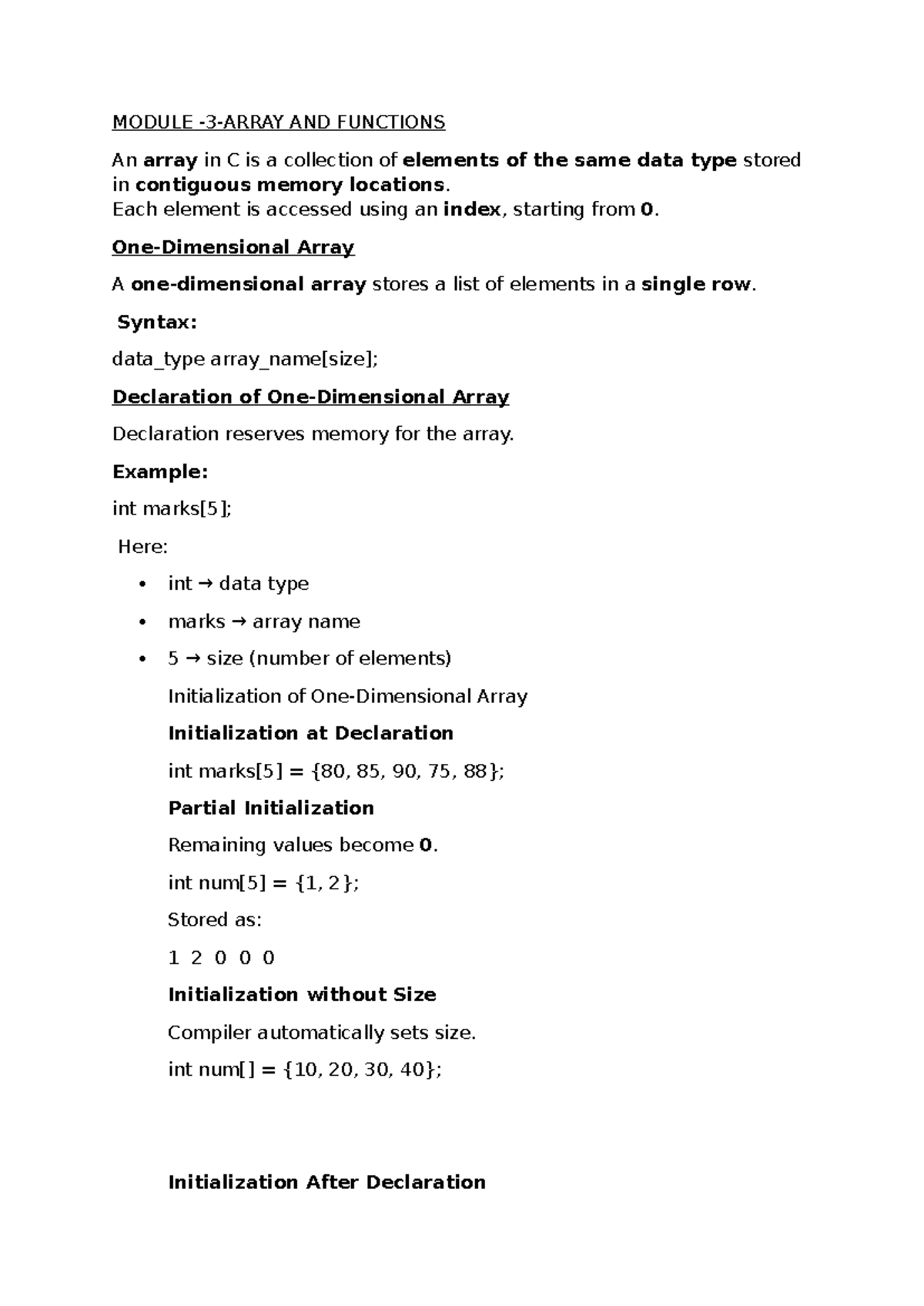 Module 3: Arrays in C - Notes on Functions and Memory Management - Studocu