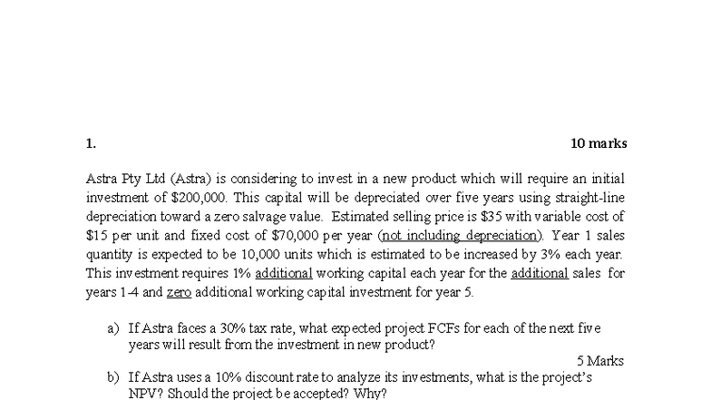 FINC3015 Spring 2024 Mid Semester Exam - Investment Analysis & WACC ...