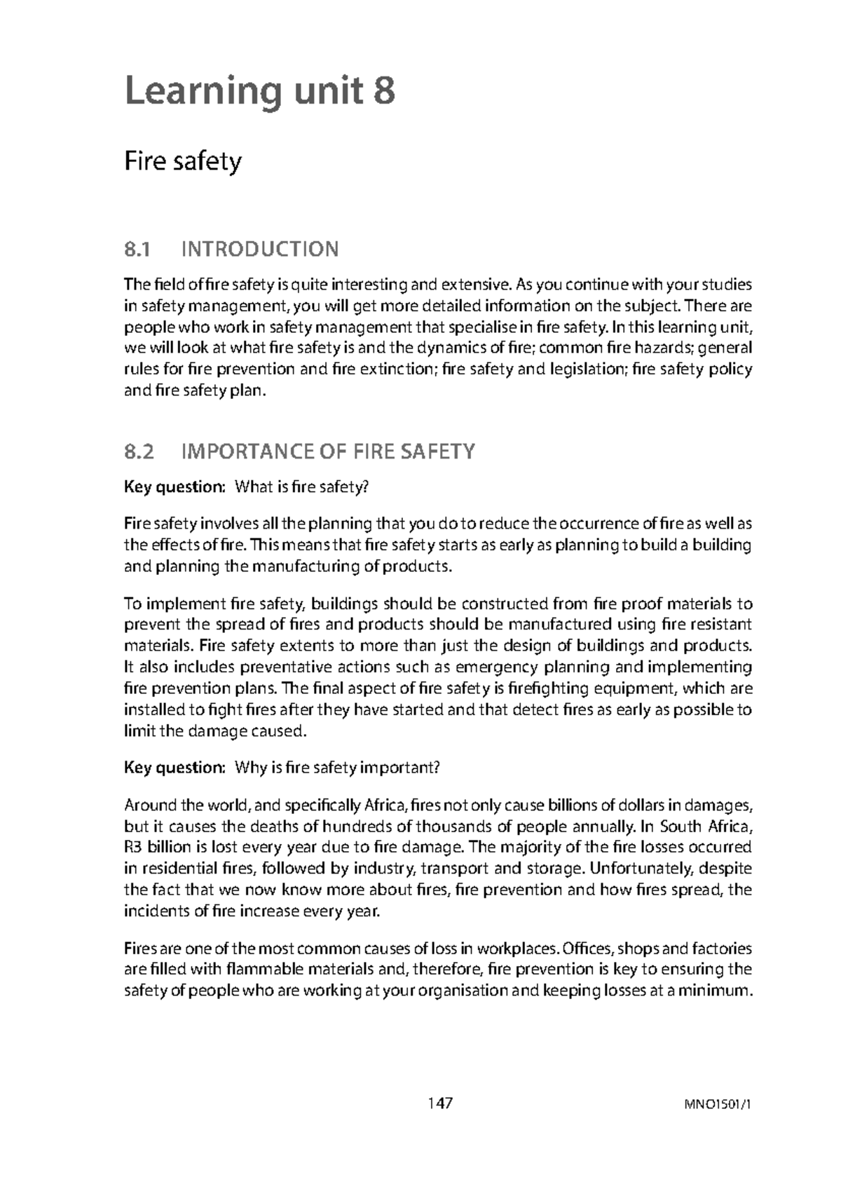 MNO1501 - SG: Learning Unit 8 - Comprehensive Guide to Fire Safety - Studocu