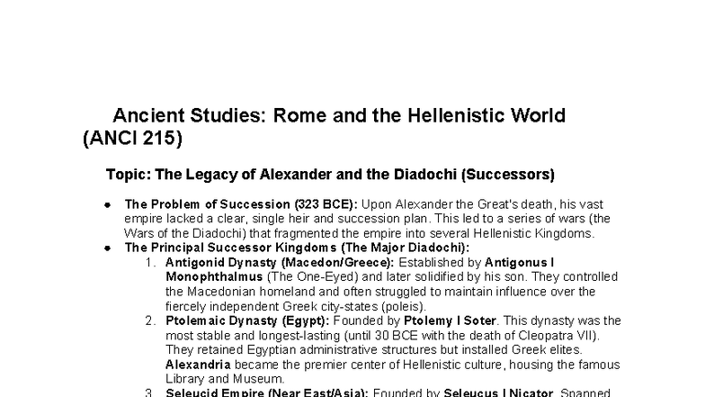 The Legacy of Alexander and the Diadochi (ANCI 215) - Studocu