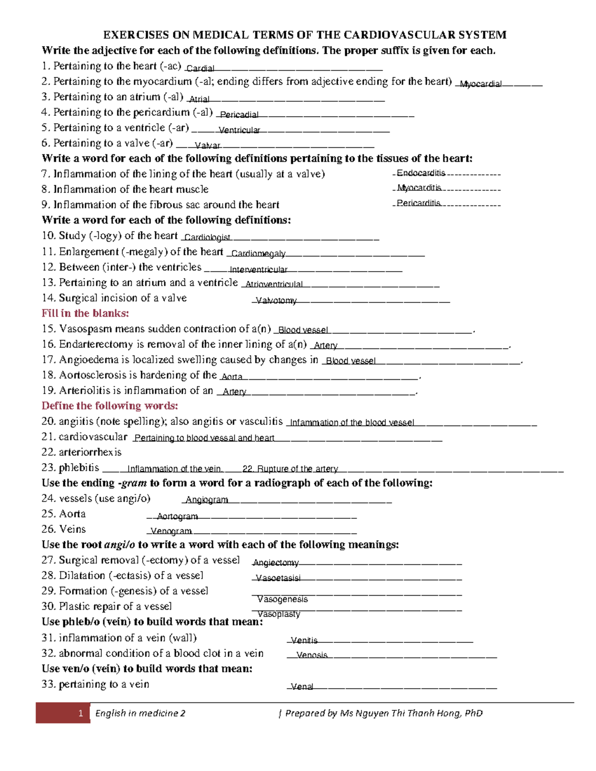 Exercises on Medical Terms: Cardiovascular System (ENG 101) - Studocu