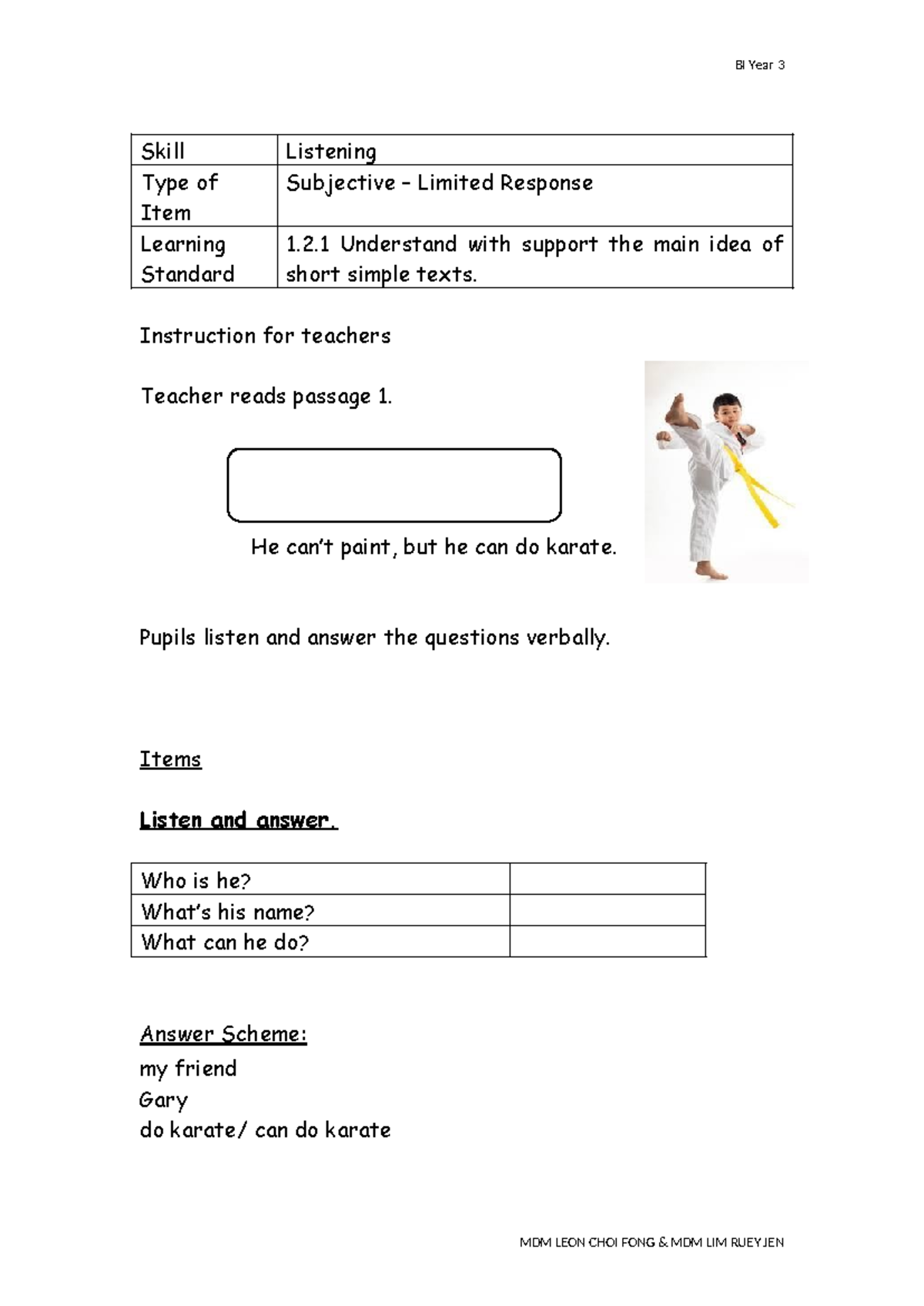 BI Year 3 English Listening Test: Understanding Main Ideas - Studocu