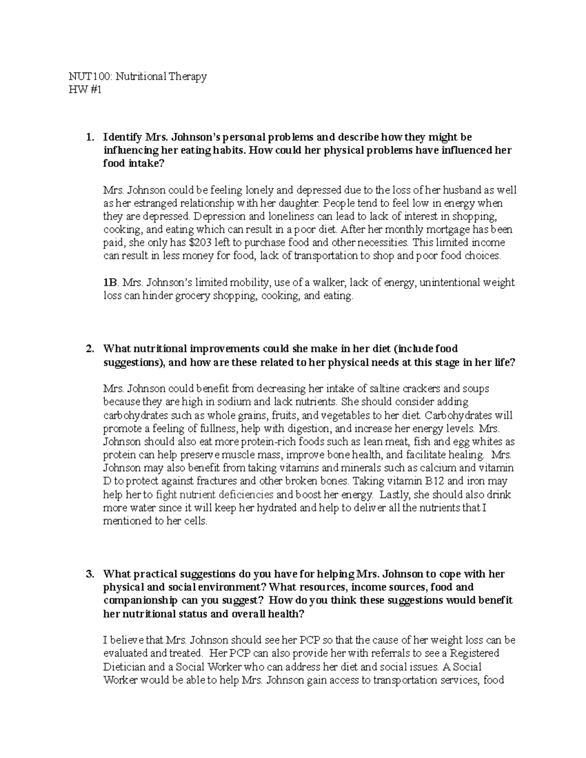 NUT 100 Hw1 - HW #1 - NUT100: Nutritional Therapy HW # Identify Mrs ...