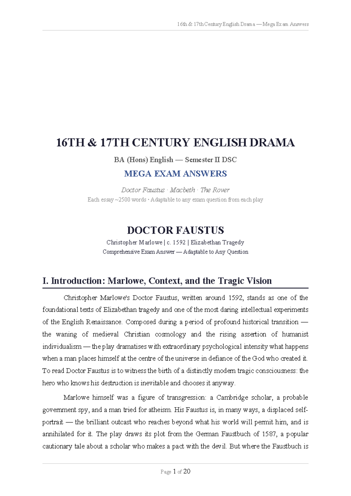 16TH 17TH CENTURY ENGLISH DRAMA BA (Hons) English Semester II DSC MEGA ...