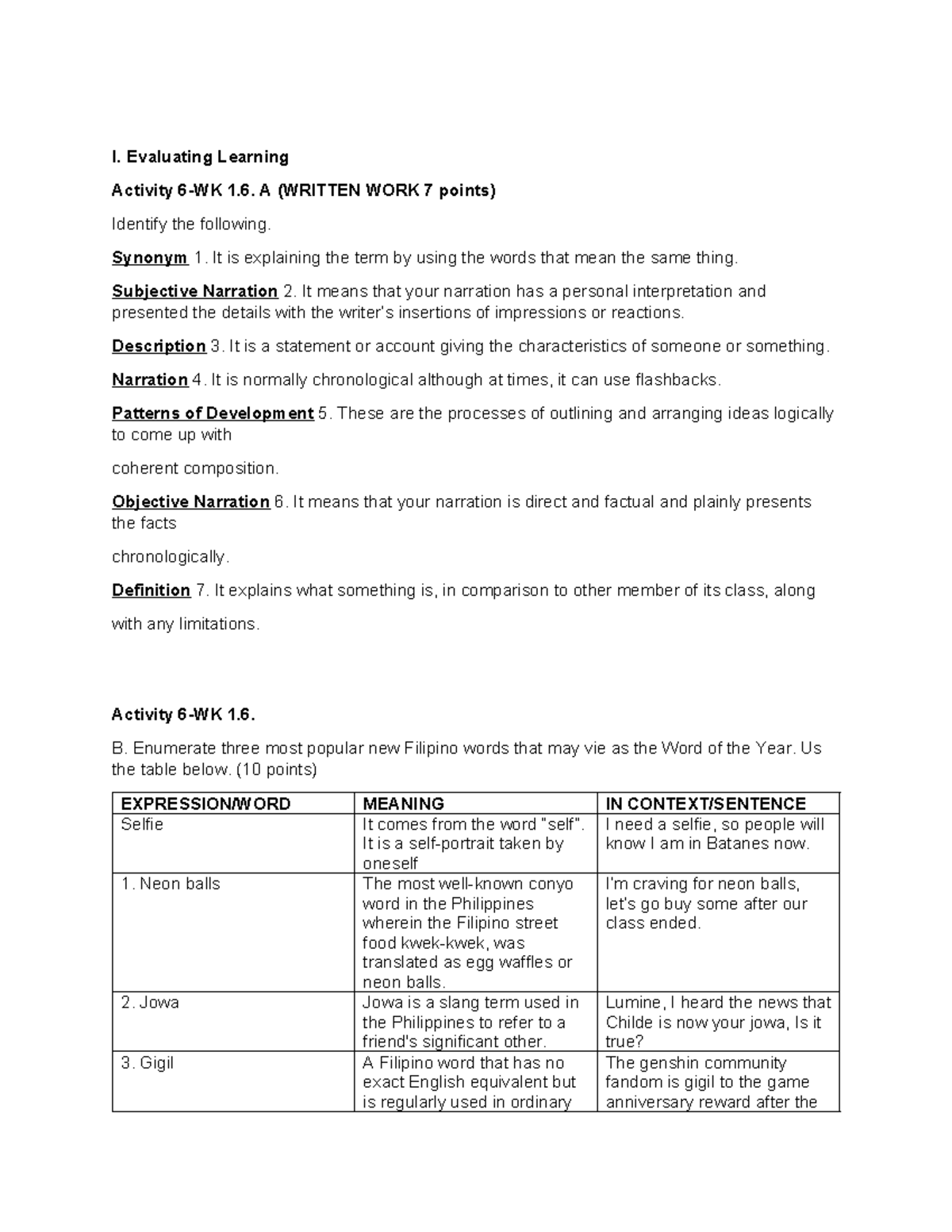 Reading and Writing Activities: Weeks 1 & 2 Evaluation Tasks - Studocu