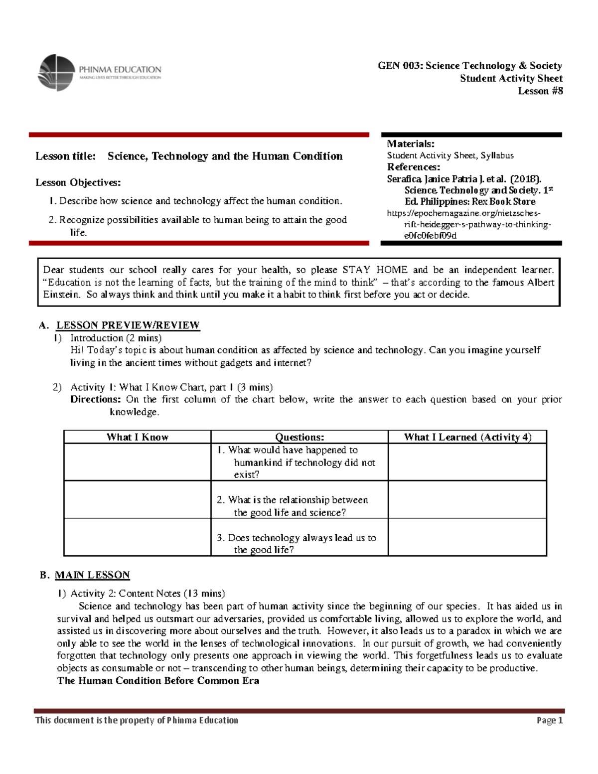 GEN 003 MODULE 8 - Student Activity Sheet Lesson # Lesson title ...