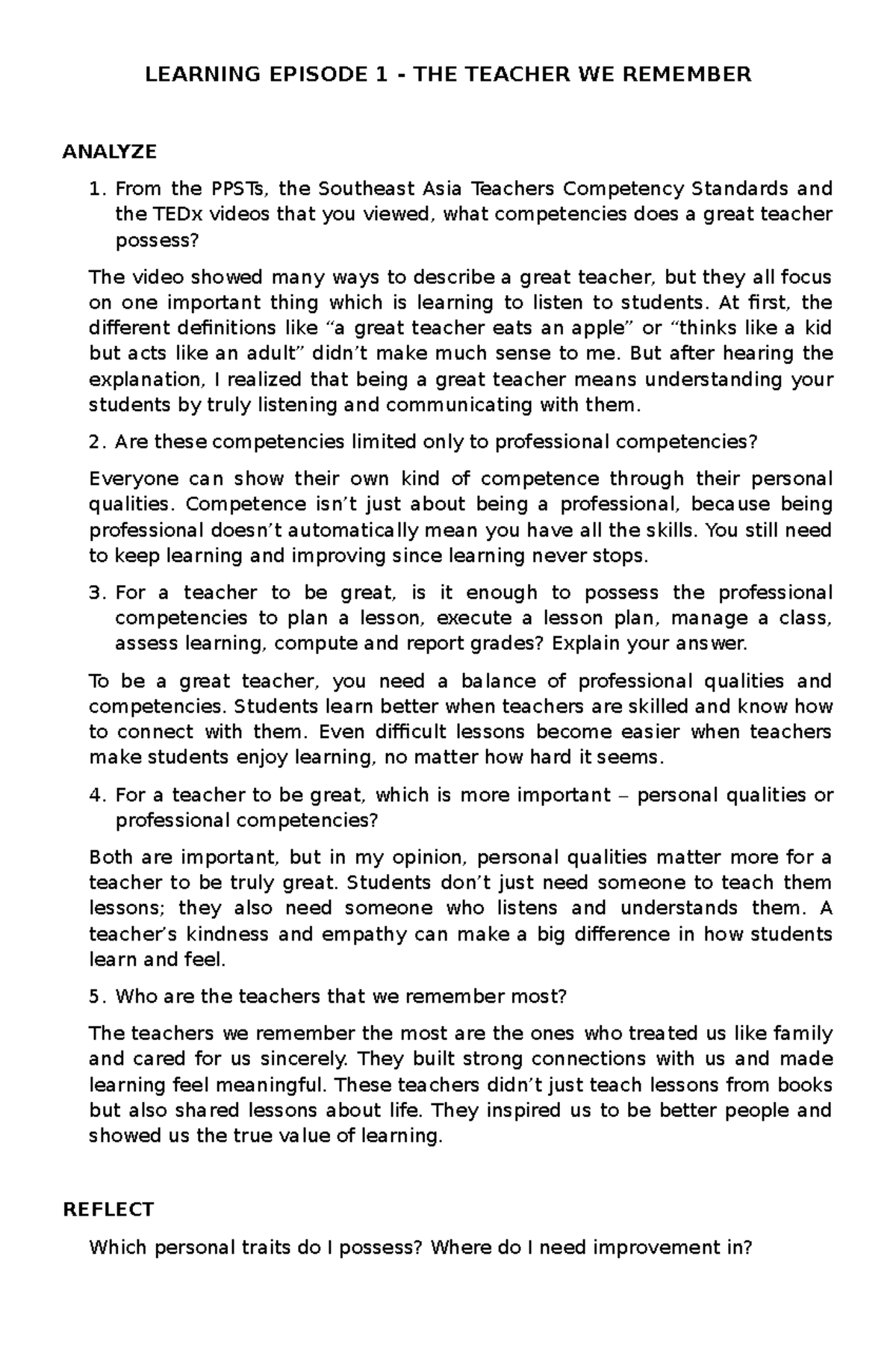 LEARNING EPISODE 1: COMPETENCIES OF GREAT TEACHERS AND REFLECTION - Studocu