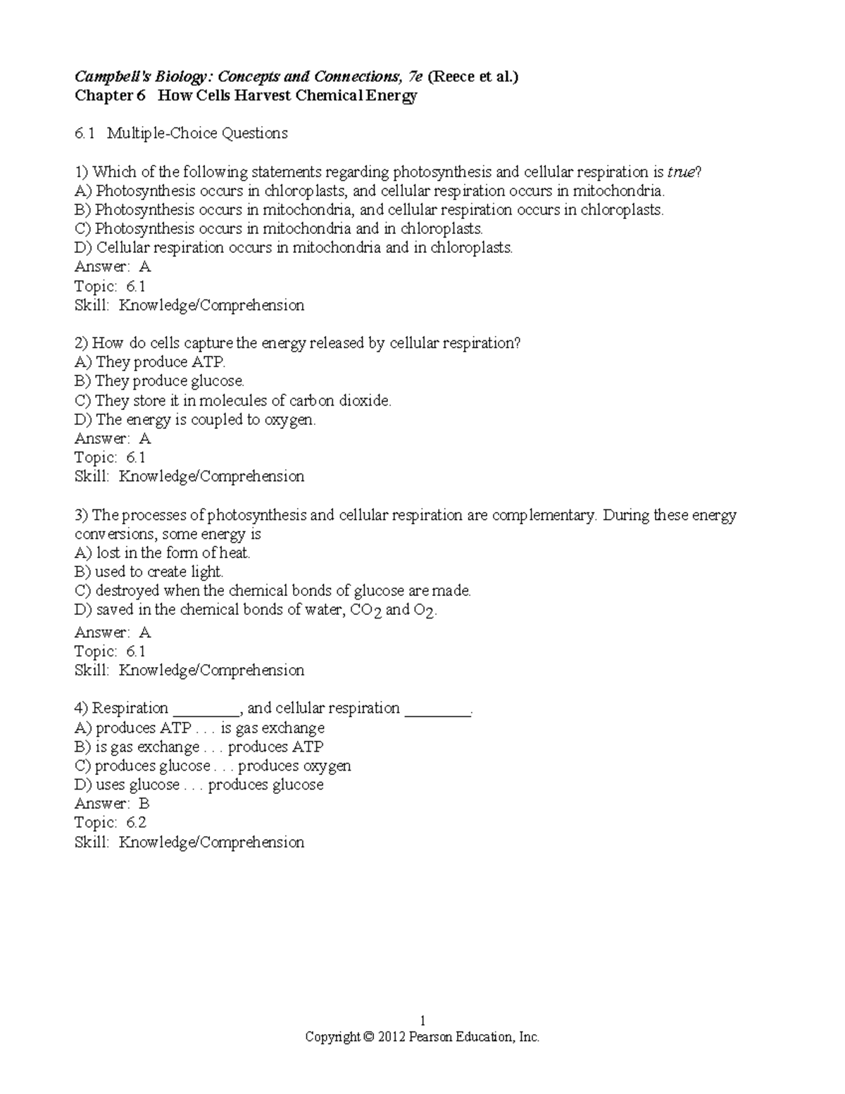 Cell Respiration MCQs - BIO 101 Chapter 6 Study Guide - Studocu