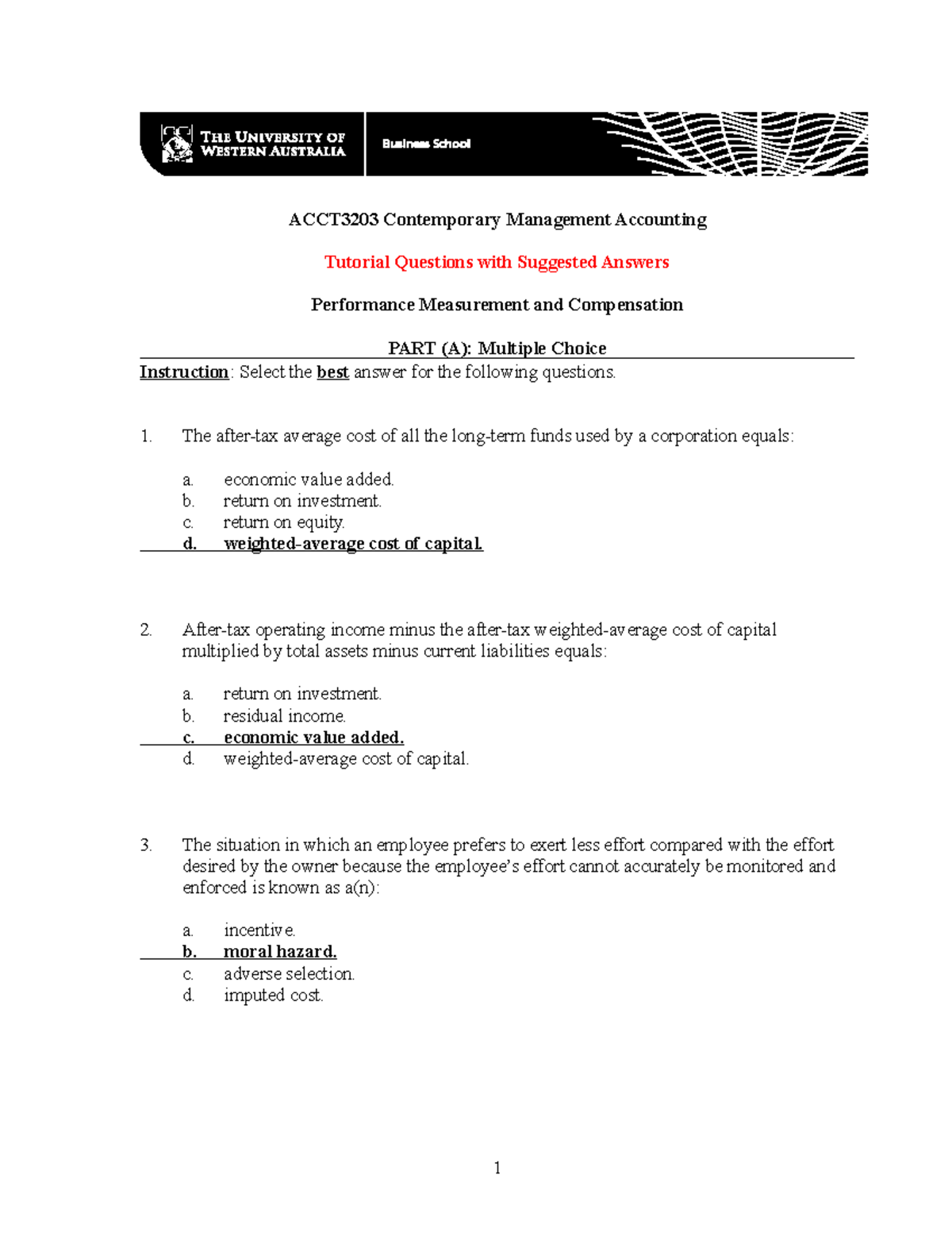 ACCT3203 Week 8 Tutorial Questions & Solutions on Performance ...