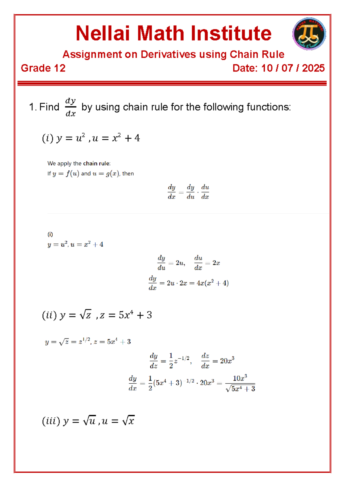 Grade 12 Math Assignment: Derivatives & Chain Rule (NMI) - Studocu
