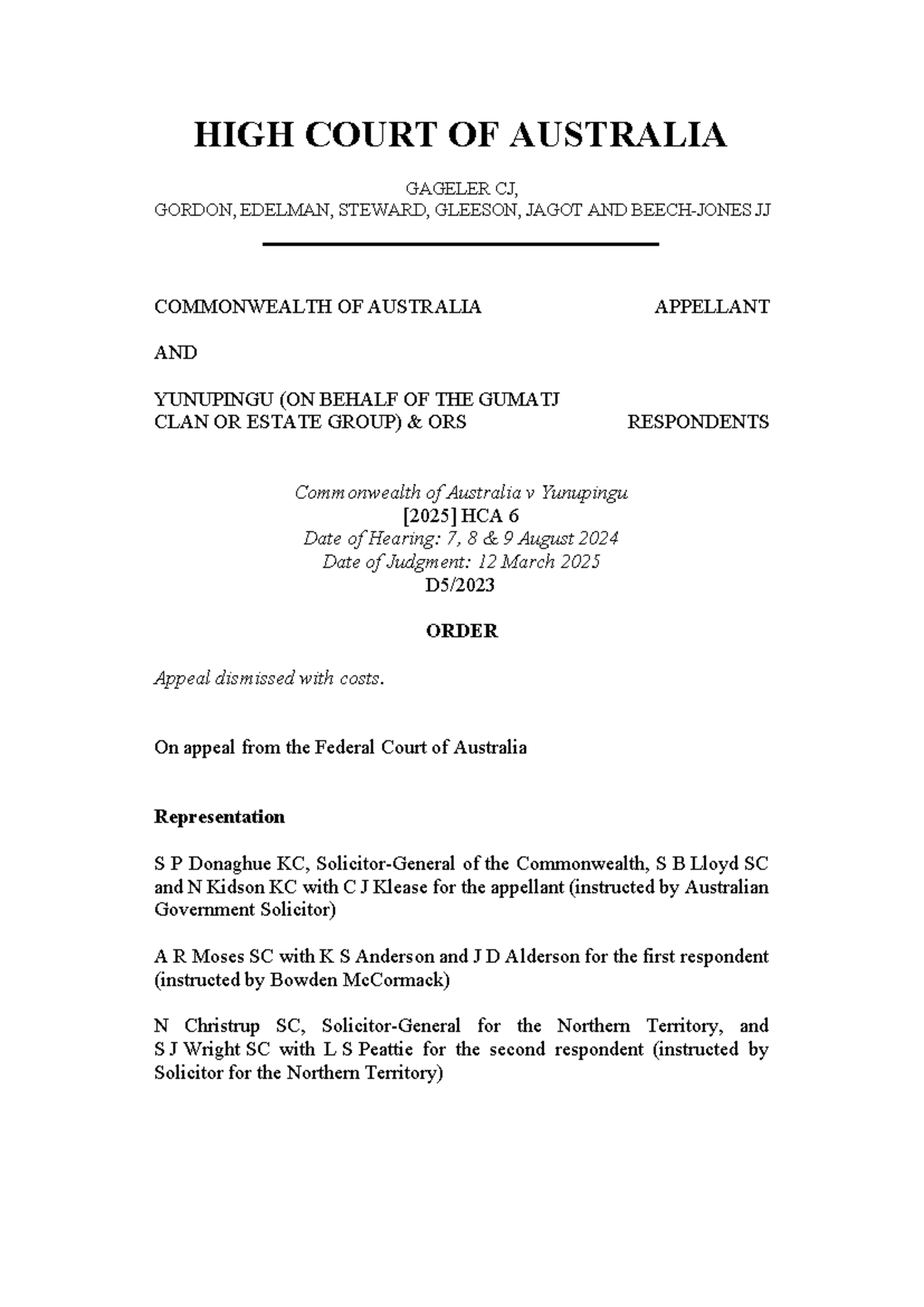 Commonwealth v Yunupingu: HCA 6 Appeal Judgment Summary - Studocu