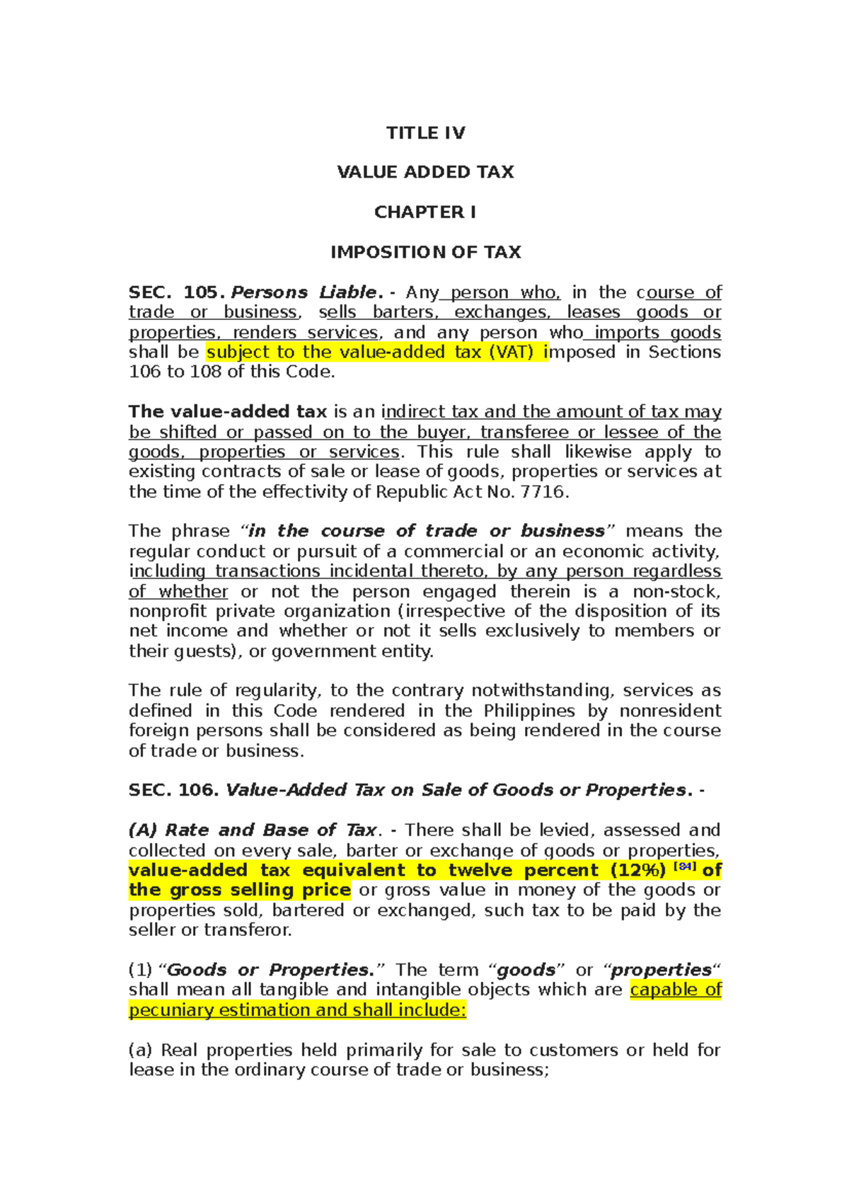 VAT - nirc VAT codal notes - TITLE IV VALUE ADDED TAX CHAPTER I ...