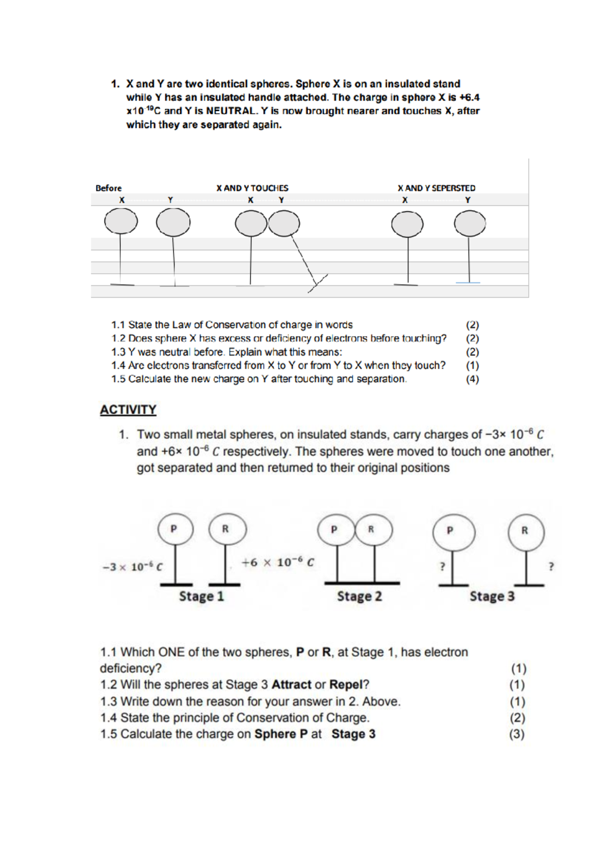 Grade 10 - Electrostatics Worksheet for Charge Conservation Activities ...