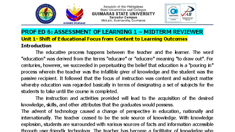 PROF ED 6: ASSESSMENT OF LEARNING 1 MIDTERM REVIEWER Guide to ...