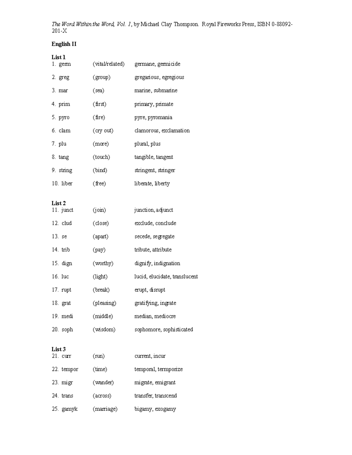 Stems List for English II: Vocabulary from "The Word Within the Word ...