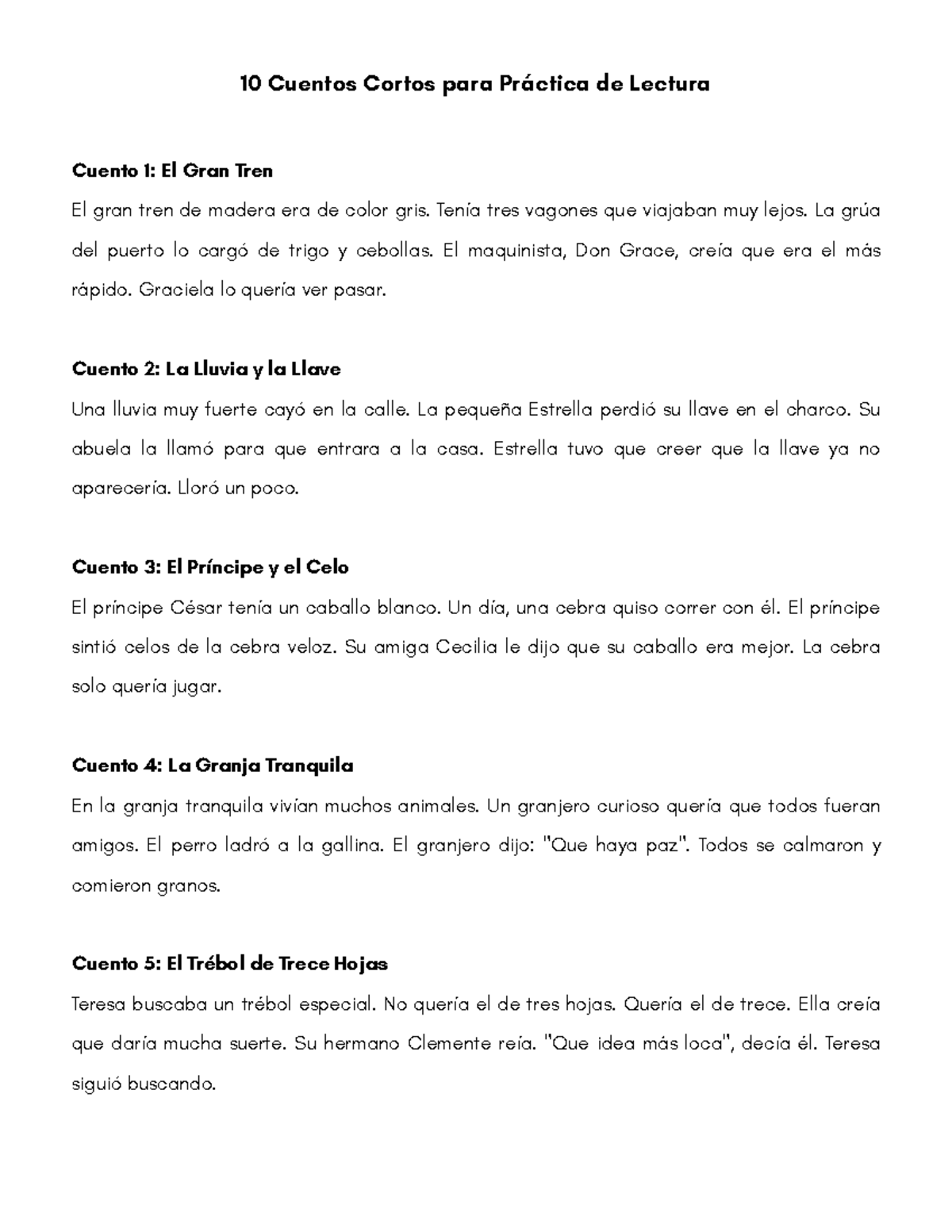 10 Cuentos Cortos - Práctica de Lectura y Comprensión - Studocu