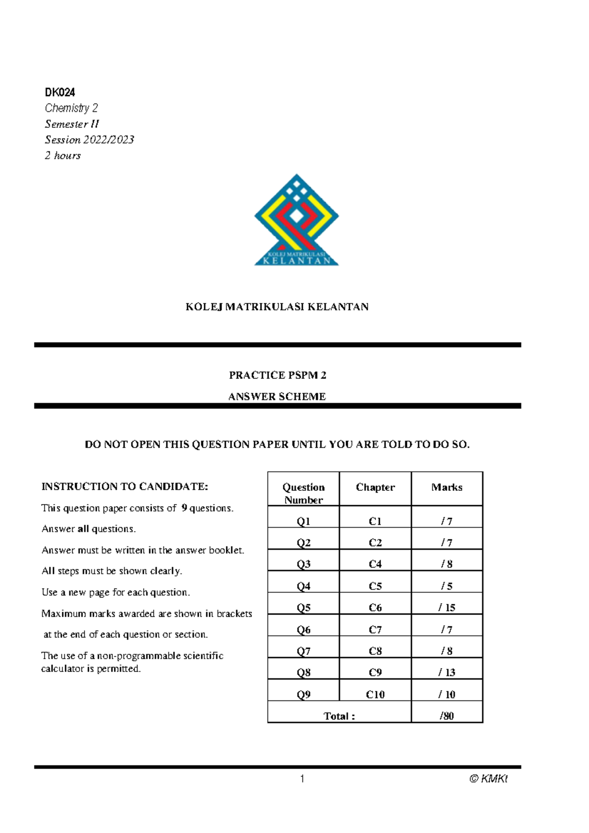 DK024 Chemistry 2 Semester II PSPM Practice Answer Scheme - Studocu