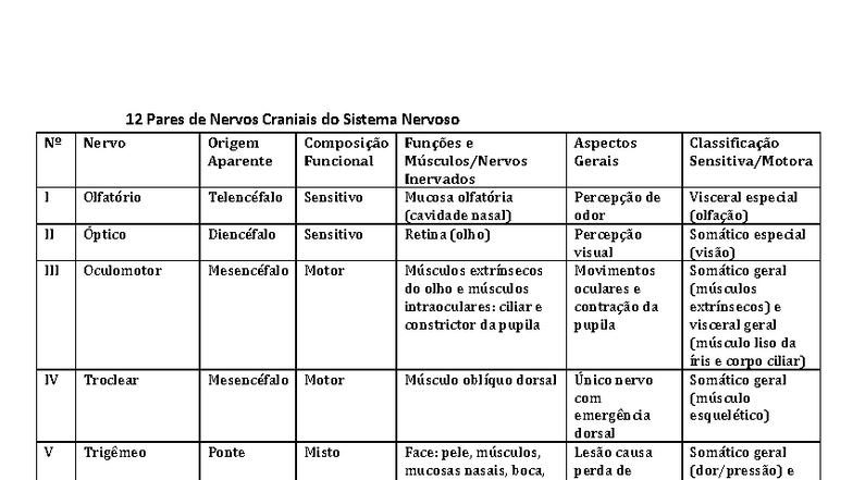 12 Pares de Nervos Cranianos: Anatomia e Funções Gerais - Studocu