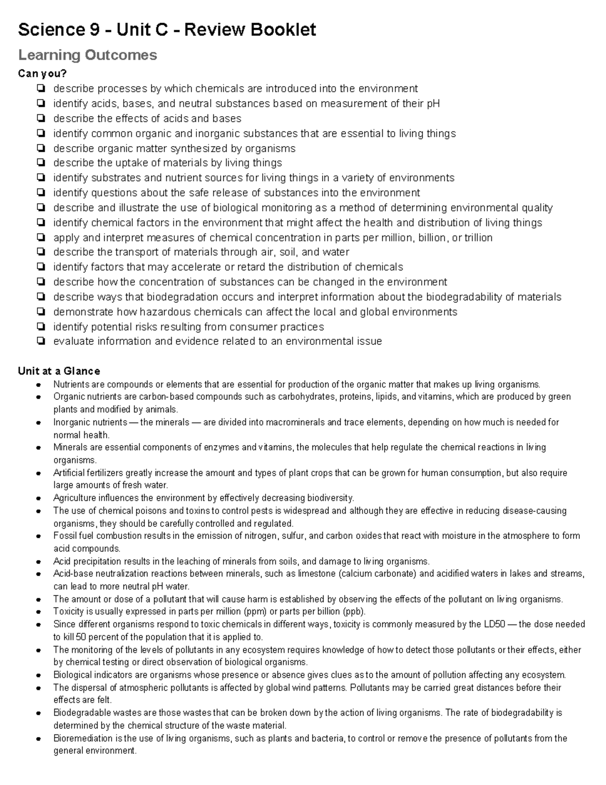 Science 9 Unit C: Environmental Chemistry Review Booklet - Studocu