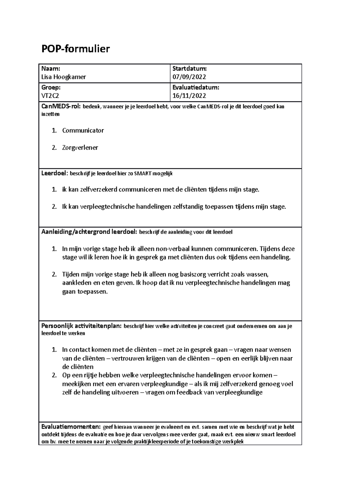 POP-formulier VT2C Leerdoelen en Reflectie 21-22 - Studeersnel