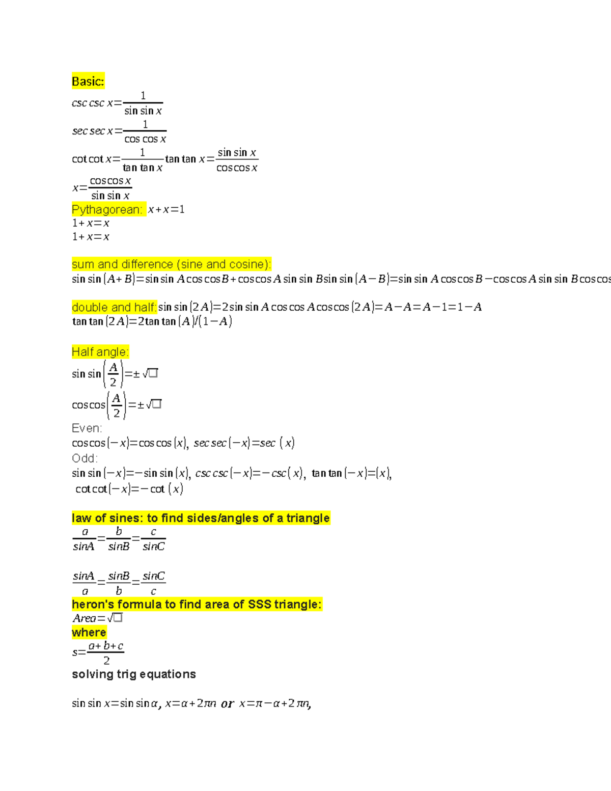 Math 101 - Exam 3 Formulas and Key Trigonometric Notes - Studocu