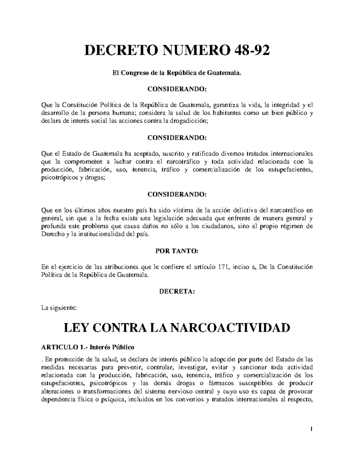 LEY CONTRA LA NARCOACTIVIDAD - DECRETO NÚMERO DEL CONGRESO DE GUATEMALA ...