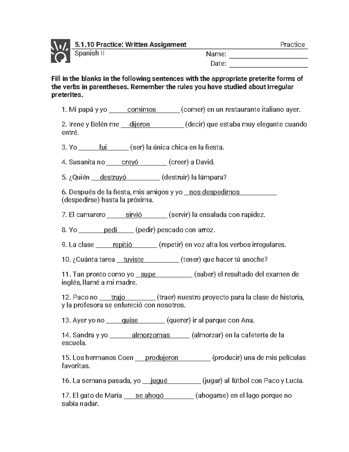 5.1.10 Spanish II Preterite Verbs Written Assignment Practice - Studocu