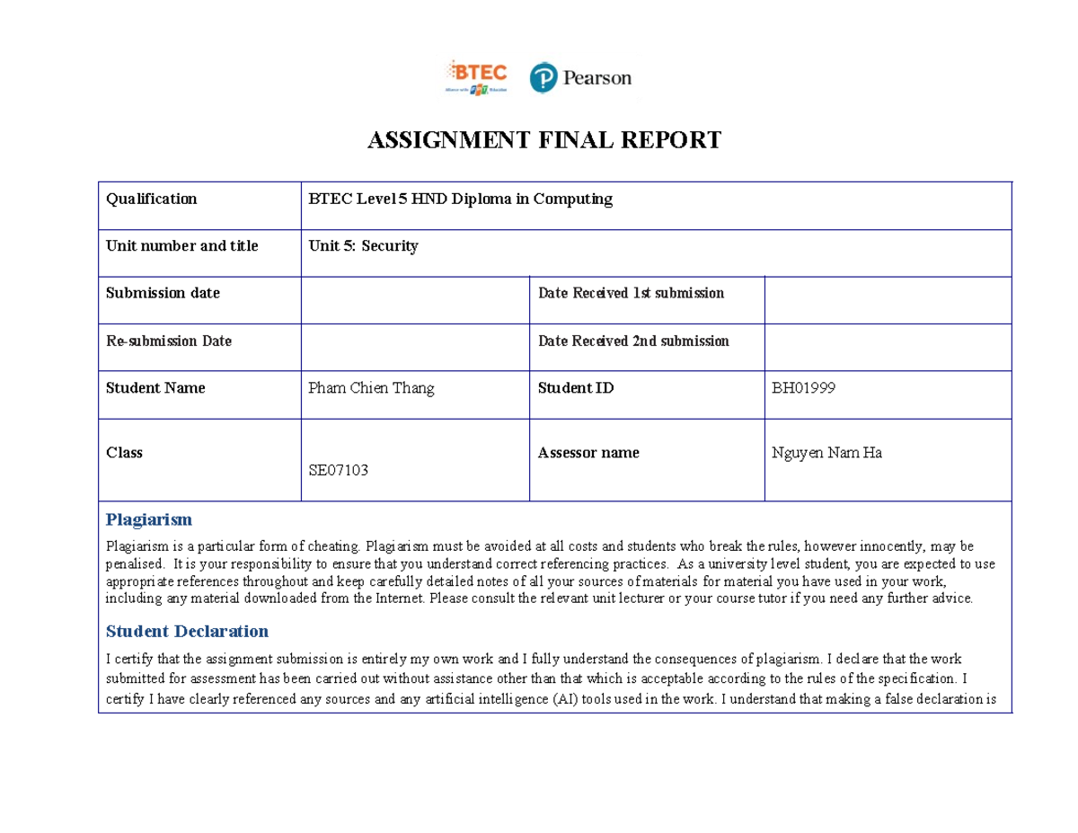 Unit 5 - Security Final Report for BTEC Level 5 HND Computing - Studocu