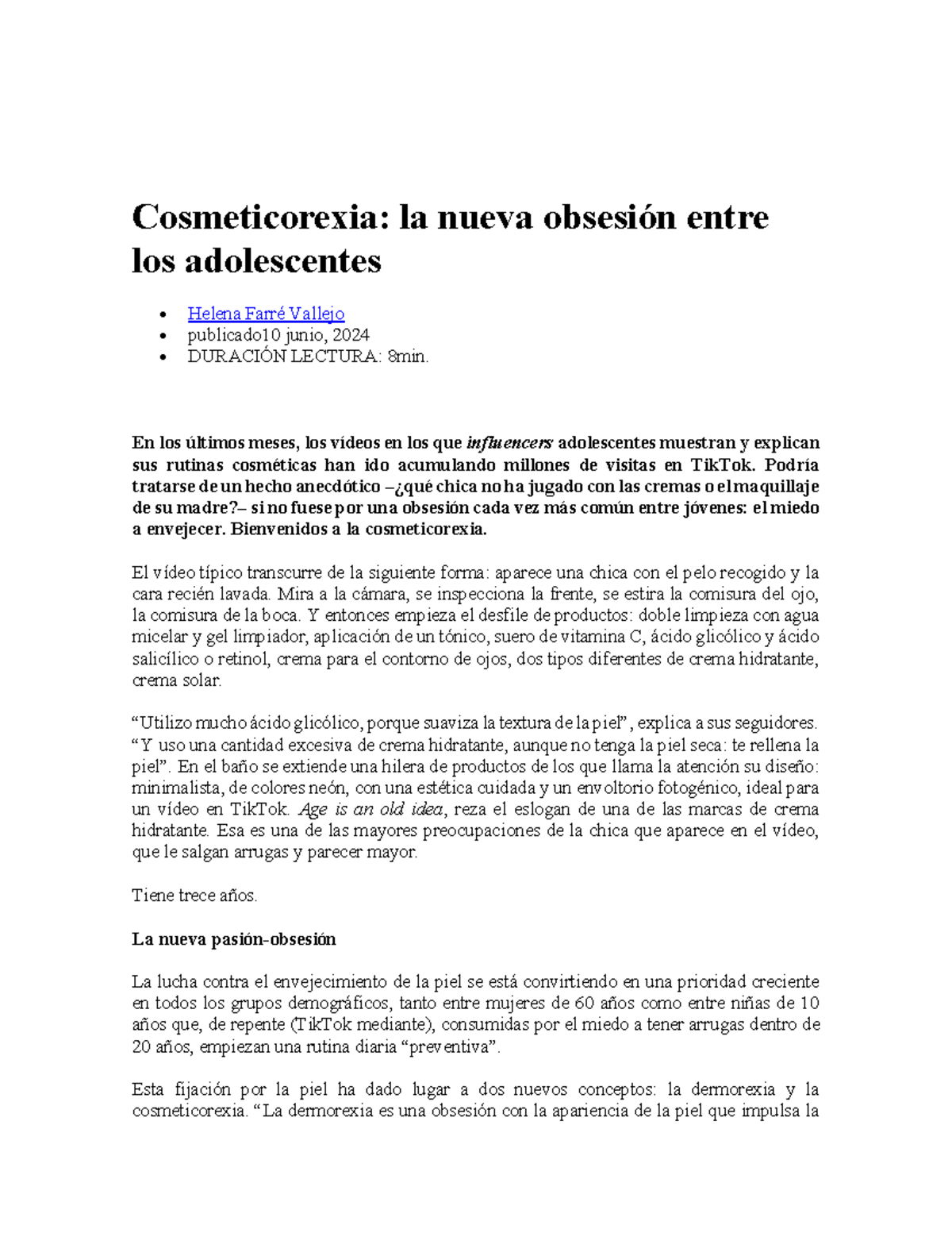 Cosmeticorexia: La Obsesión por la Belleza en Adolescentes - Studocu