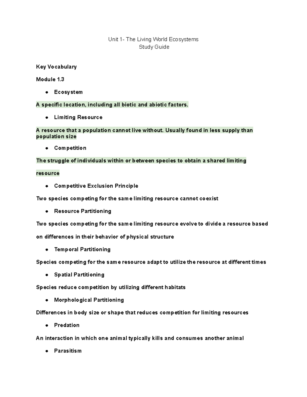 Unit 1 Study Guide: Ecosystems, Biogeochemical Cycles & Interactions ...