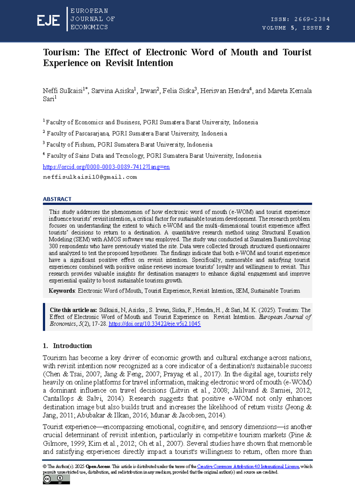 EJE 5(2): Impact of eWOM & Tourist Experience on Revisit Intention ...